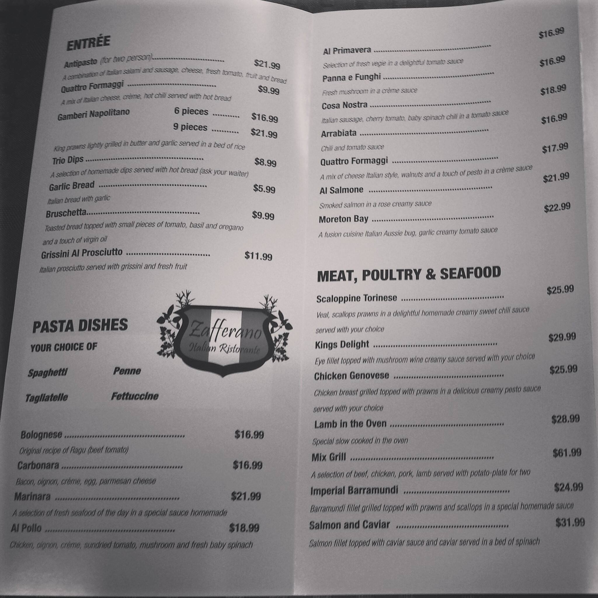 Zafferano Italian Ristorante Menu - Urbanspoon/Zomato