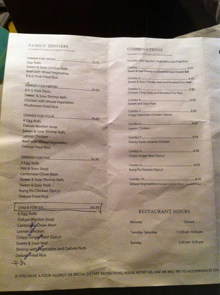 Menu at Tang Dynasty Restaurant 食間酒家, Winnipeg