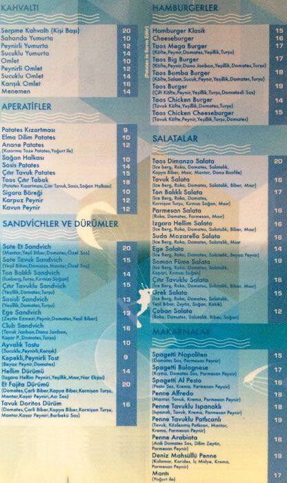 Menu at Taos Beach Club, Alaçatı