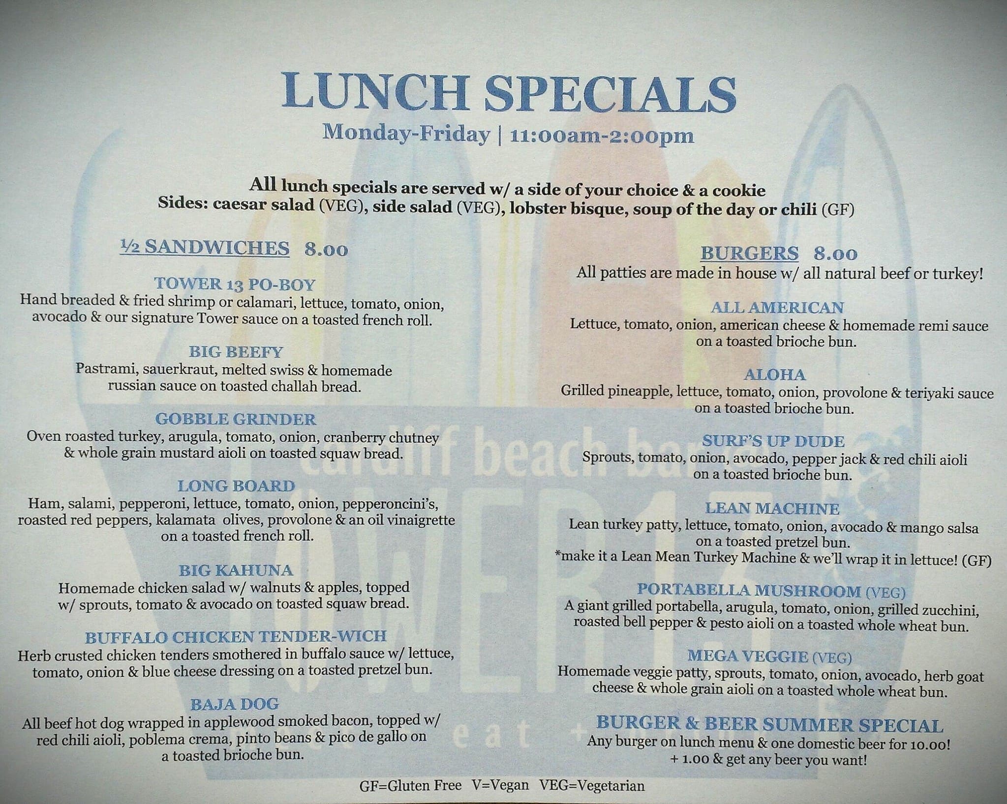 Menu at Cardiff Beach Bar @ Tower 13, Encinitas