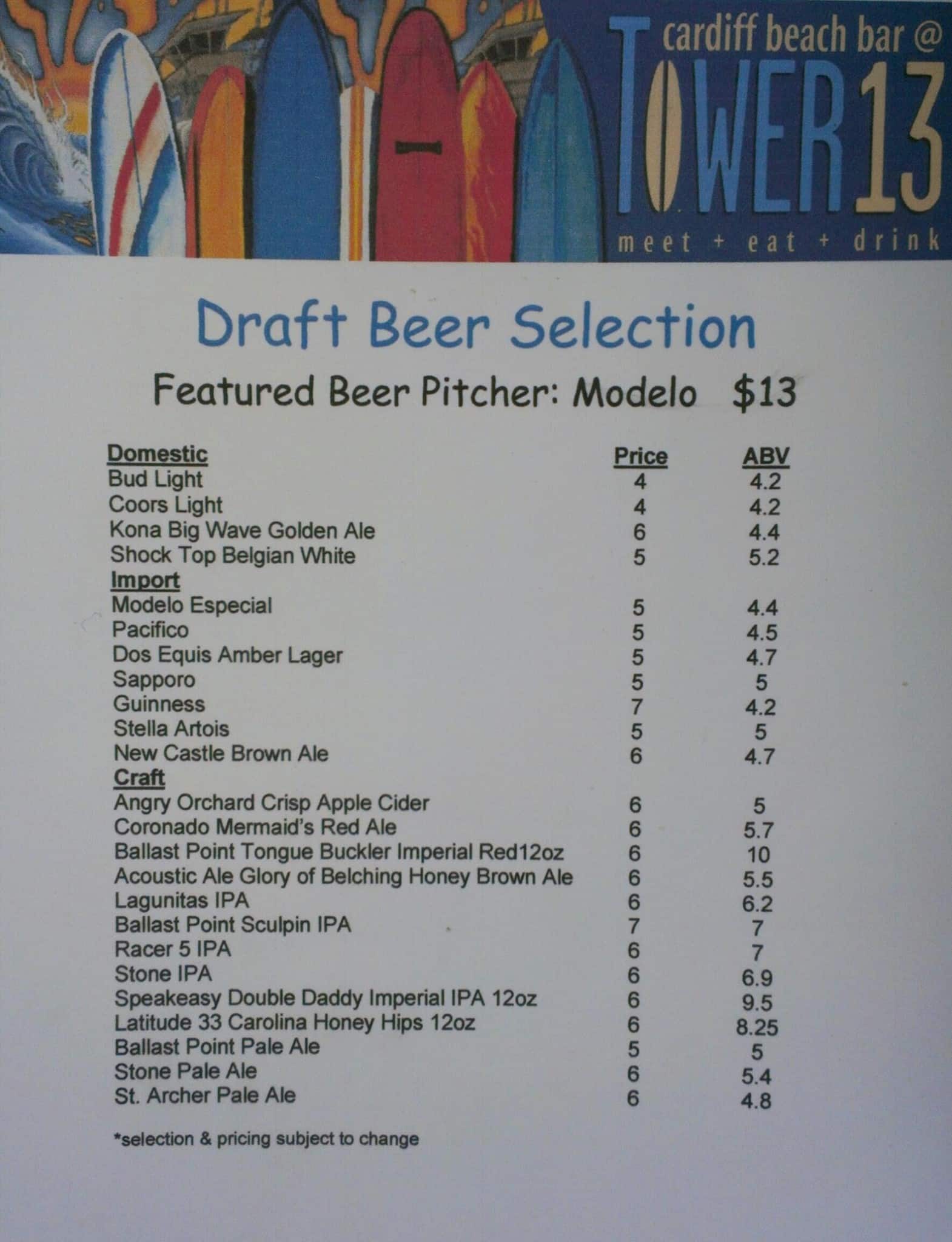 Menu at Cardiff Beach Bar @ Tower 13, Encinitas