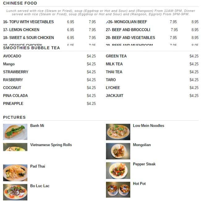 Menu at Simple Chinese restaurant, San Antonio