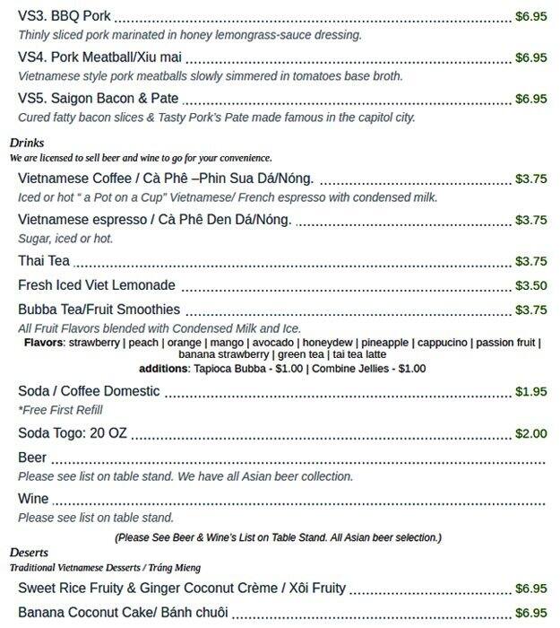 Menu at Pho Viet & Cafe, Bend
