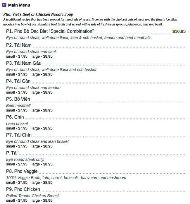 Menu at Pho Viet & Cafe, Bend