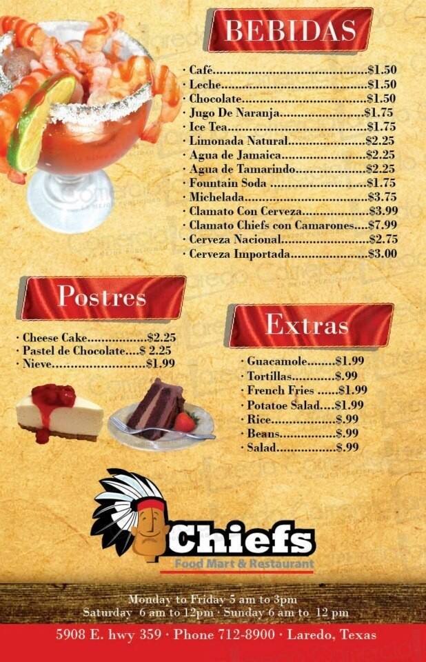 Menu at Chief's Restaurant, Laredo, 46 State Highway 359