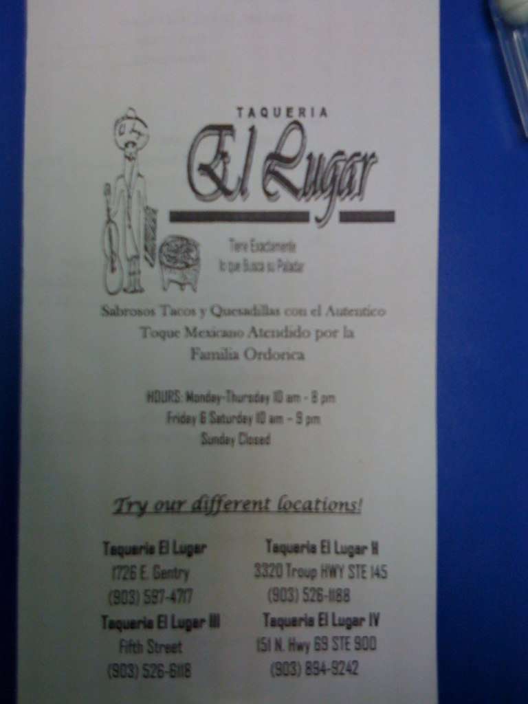 Menu at Taqueria El Lugar restaurant, Tyler, E 5th St
