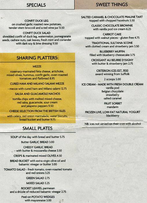 Menu at Café Piazza pub & bar, London