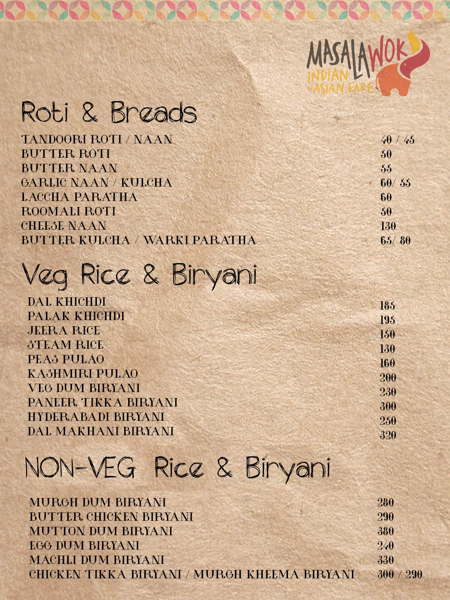 Menu at Masala Wok, Mumbai