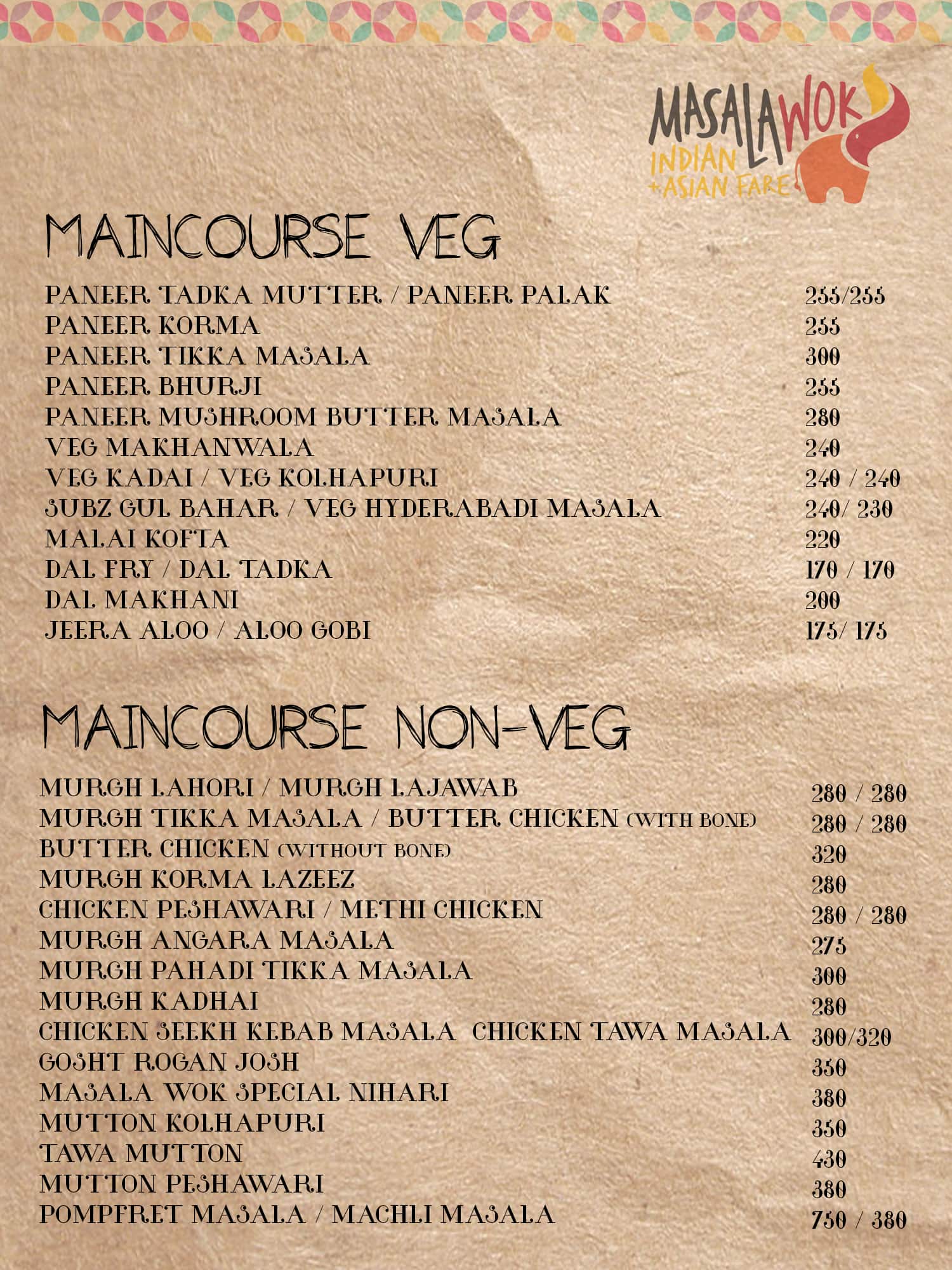 Menu at Masala Wok, Mumbai