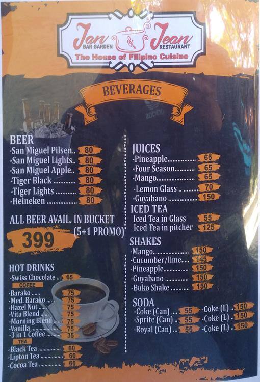 Menu at Jan and Jean Bar Garden and Restaurant, Laurel, 410 Tagaytay ...