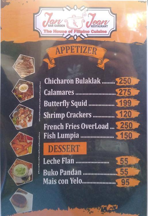 Menu at Jan and Jean Bar Garden and Restaurant, Laurel, 410 Tagaytay ...