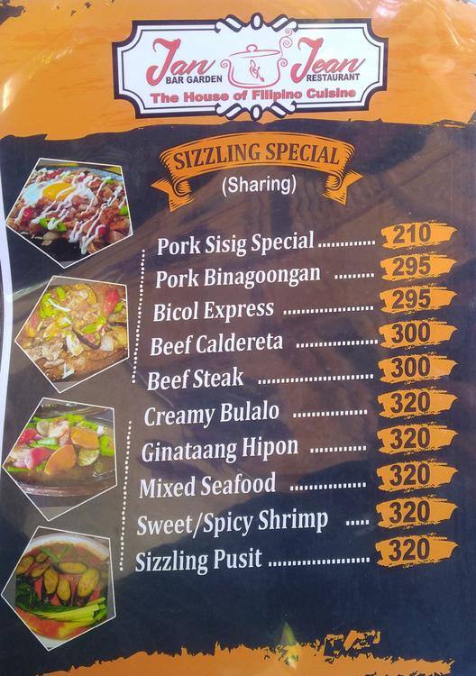 Menu at Jan and Jean Bar Garden and Restaurant, Laurel, 410 Tagaytay ...