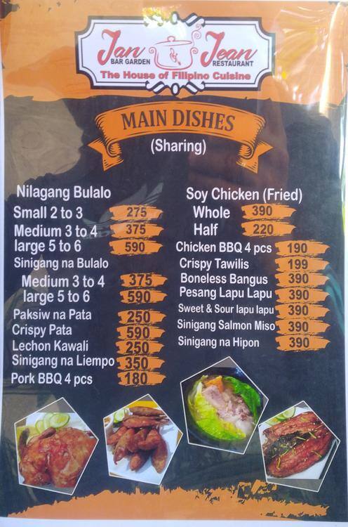 Menu at Jan and Jean Bar Garden and Restaurant, Laurel, 410 Tagaytay ...