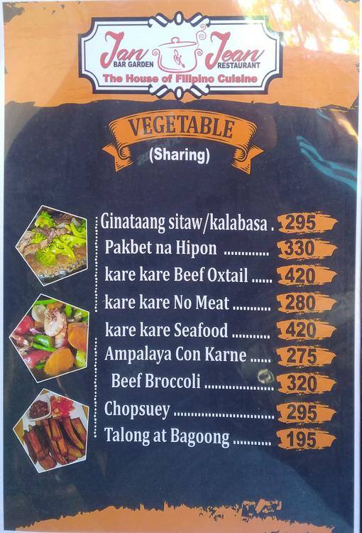 Menu at Jan and Jean Bar Garden and Restaurant, Laurel, 410 Tagaytay ...