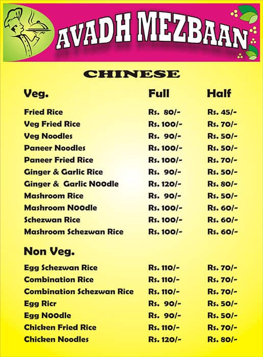 Menu of Avadh Mezbaan, Aminabad, Lucknow