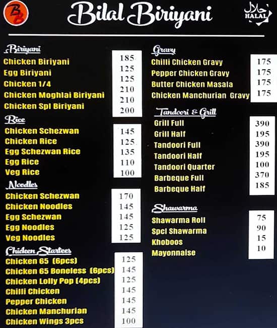 Menu of Bilal Biriyani, Red Hills, Chennai