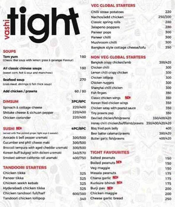 Menu of Tight, Inorbit Mall, Vashi, Navi Mumbai