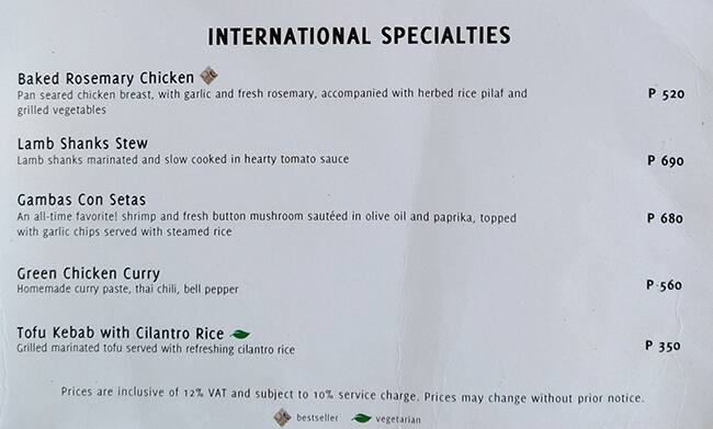 Menu at The Nest Dining in The Sky restaurant, Muntinlupa