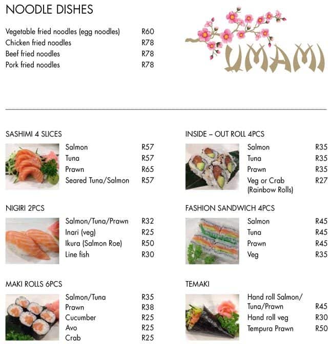 Menu at Umami Sushi restaurant, Cape Town, Imhoff farm 51 - 100 pax