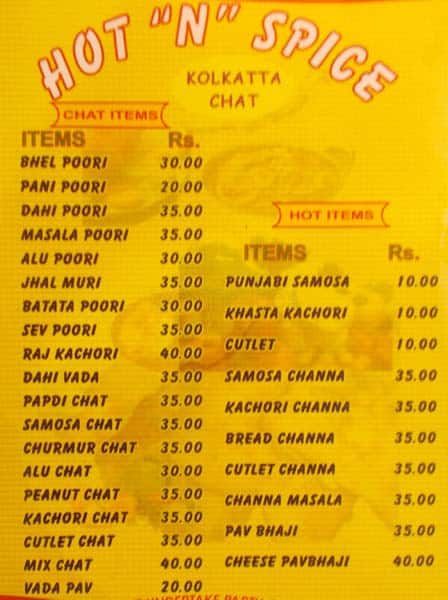 Menu at Hot N Spice, Chennai, 4th Street
