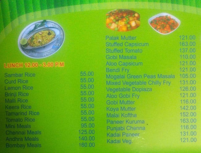 Menu at Hotel Arya Bhavan, Chennai, 12