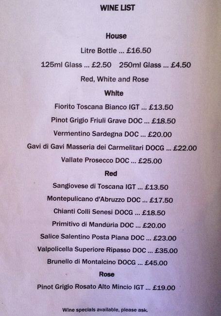 Menu at Domenico's restaurant, Edinburgh