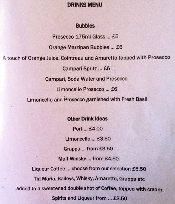 Menu at Domenico's restaurant, Edinburgh