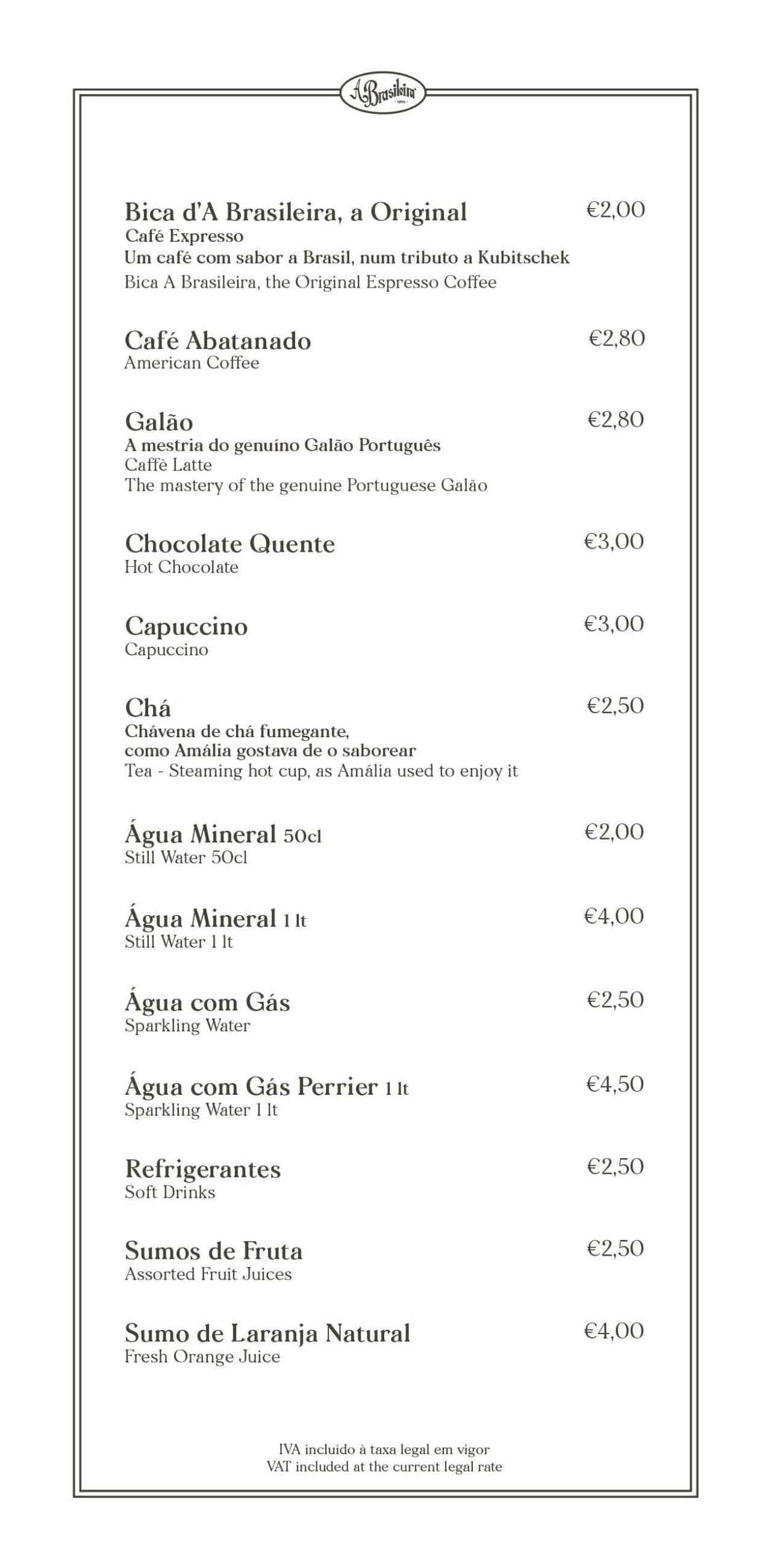 Menu em Café A Brasileira, Lisboa, R. Garrett 122
