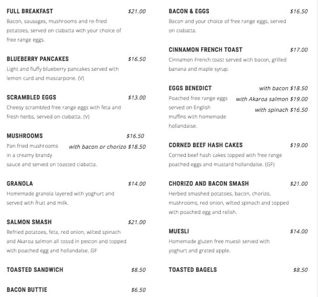 Menu at Affogato cafe, Christchurch