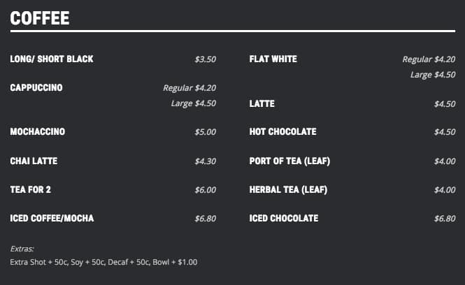 Menu at Affogato cafe, Christchurch