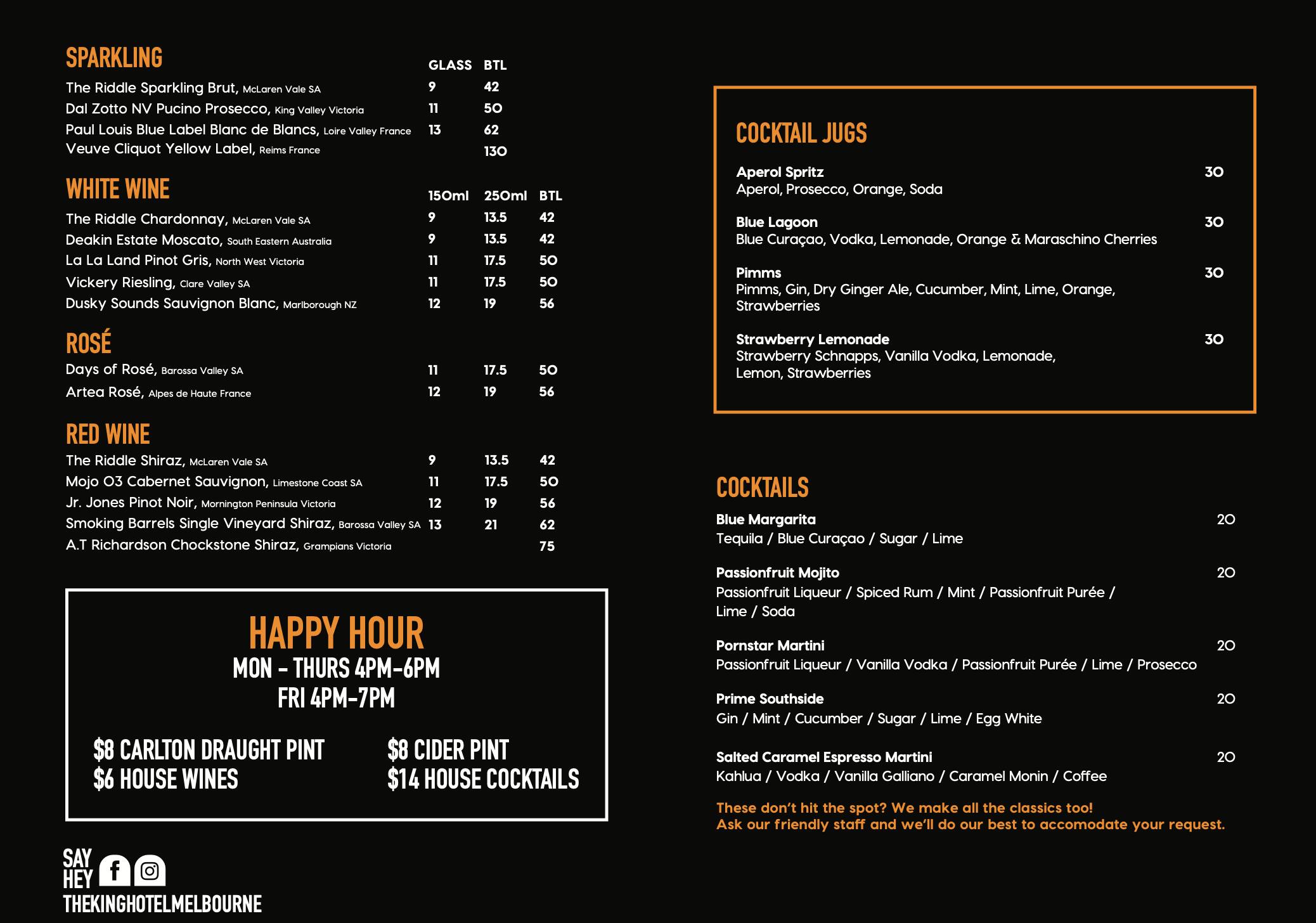 Menu at The King Hotel restaurant, Melbourne