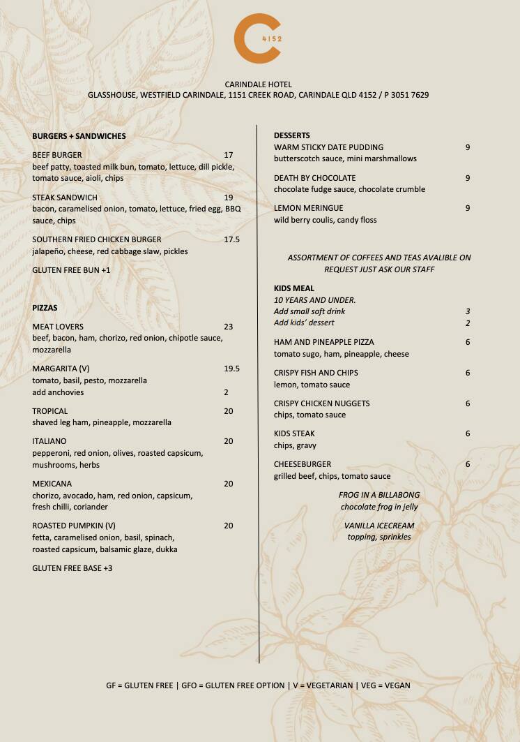 Menu at Carindale Hotel pub & bar, Carindale, 14/1151 Creek Rd