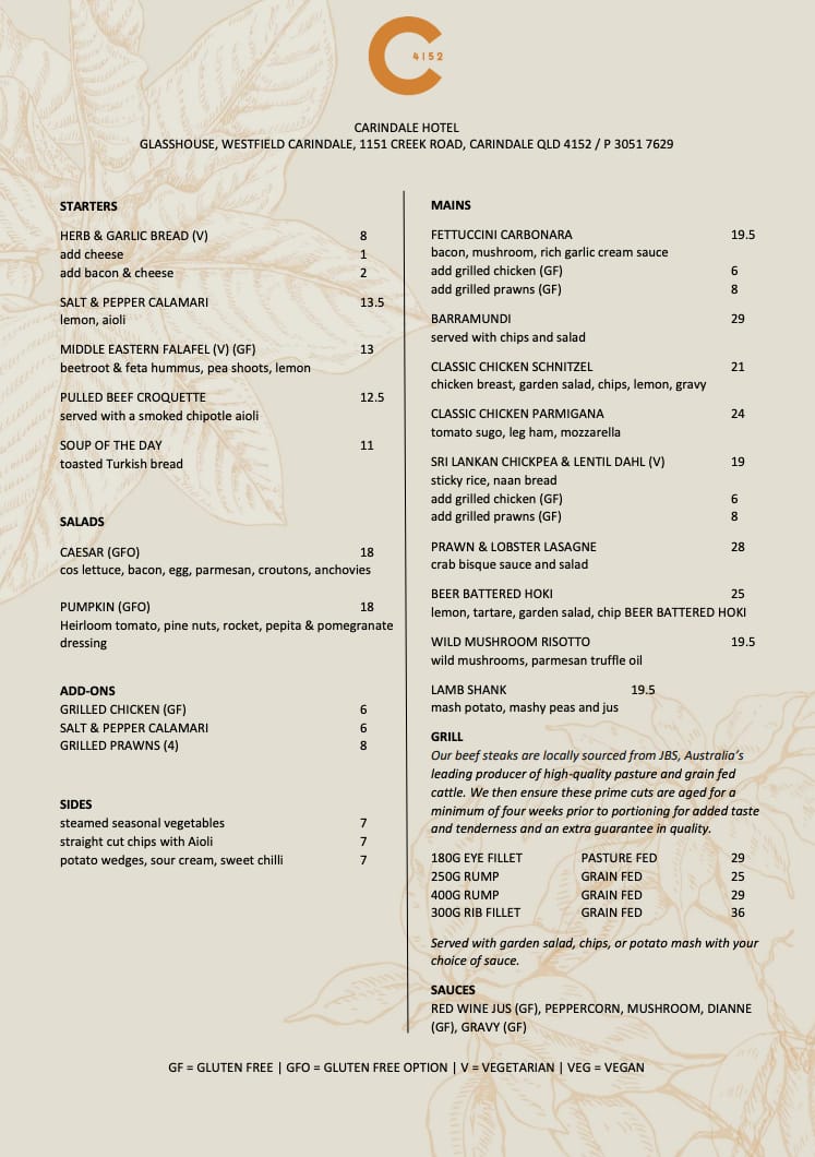 Menu at Carindale Hotel pub & bar, Carindale, 14/1151 Creek Rd