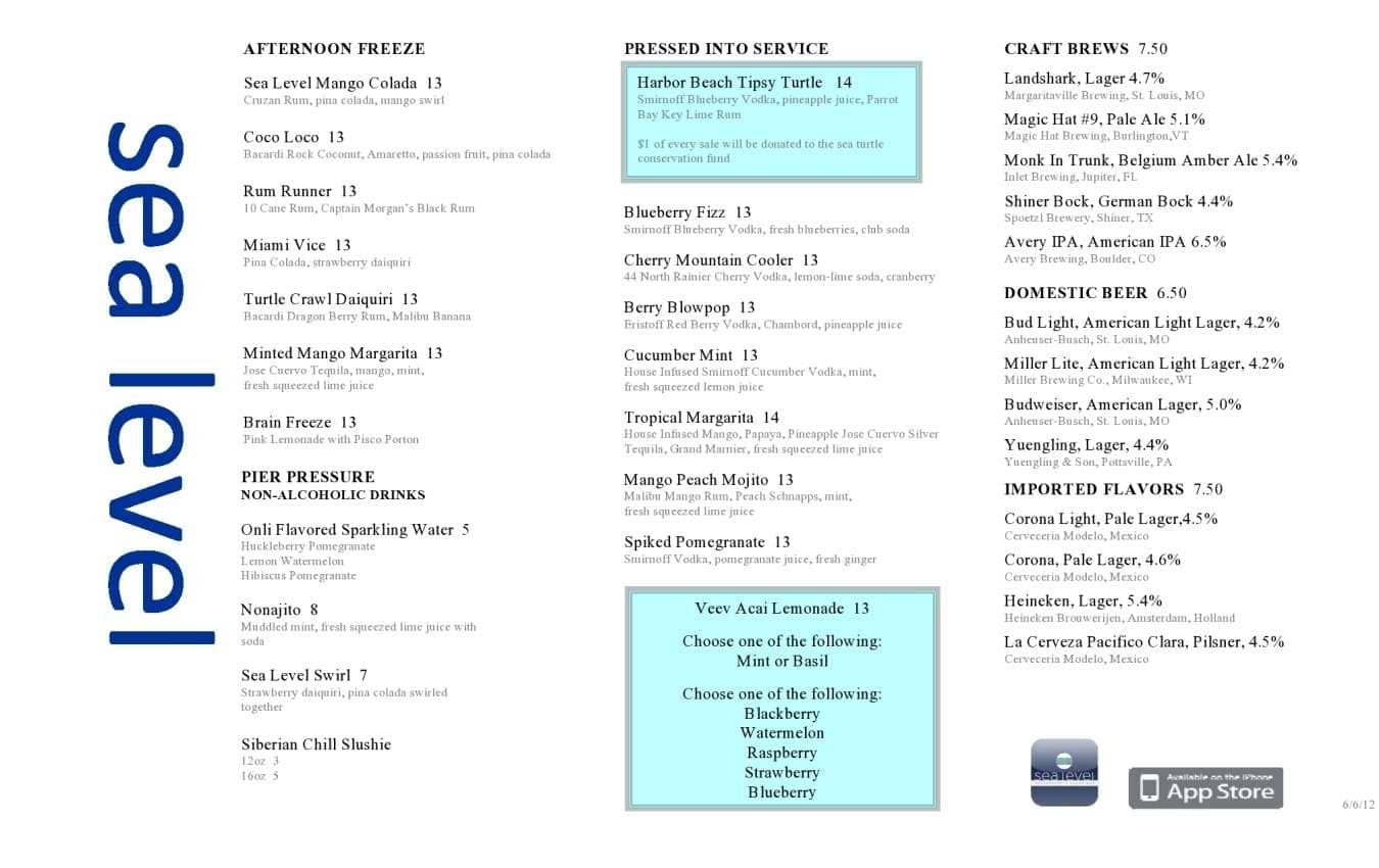 Menu at Sea Level Restaurant and Ocean Bar, Fort Lauderdale