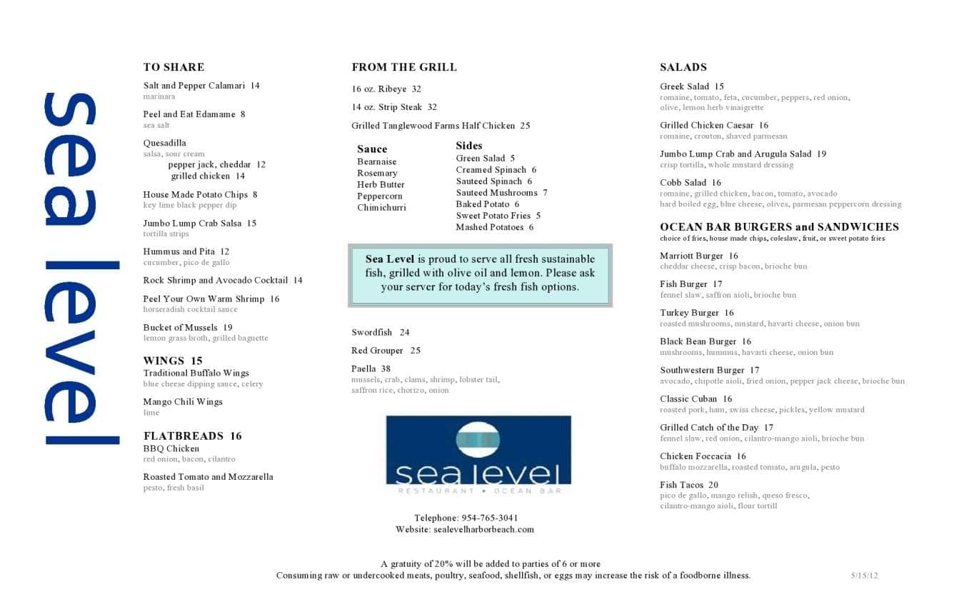 Menu at Sea Level Restaurant and Ocean Bar, Fort Lauderdale