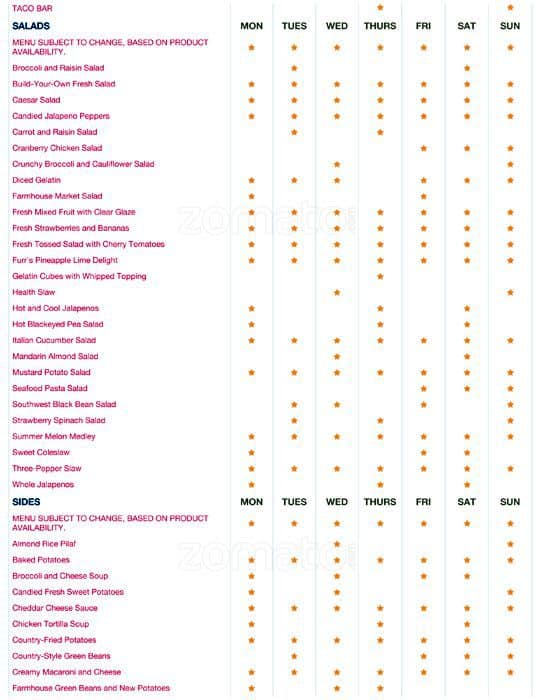 Menu at Furr's restaurant, Arlington, 300 E Interstate 20