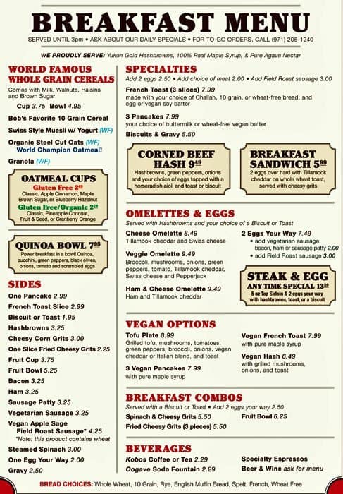 Menu at Bob's Red Mill cafe, Milwaukie, SE International Way