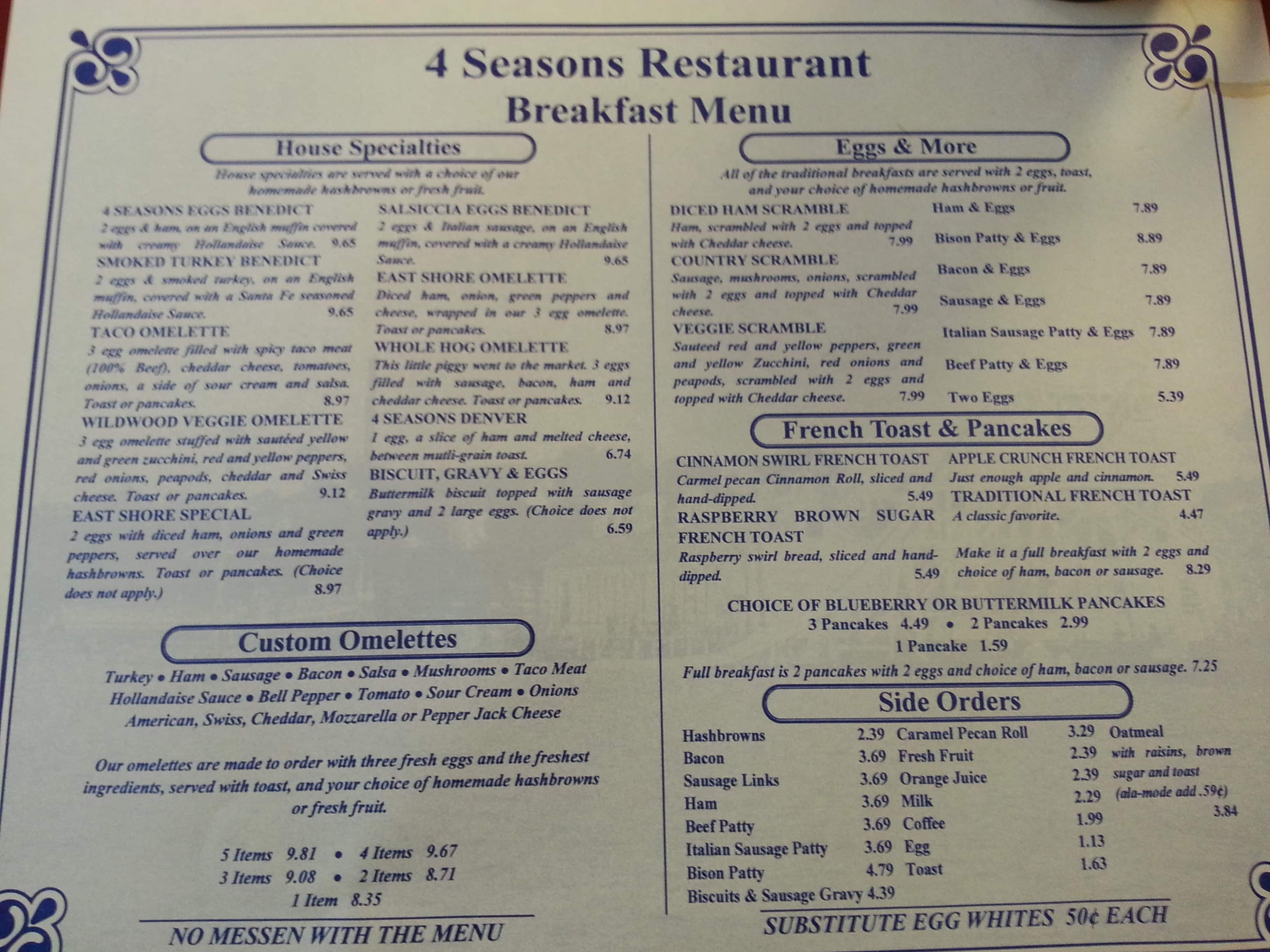 Menu at 4 Seasons restaurant, Mahtomedi