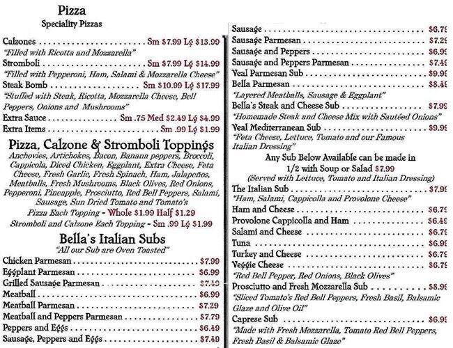 Menu at Bella Italia Restaurant, Largo