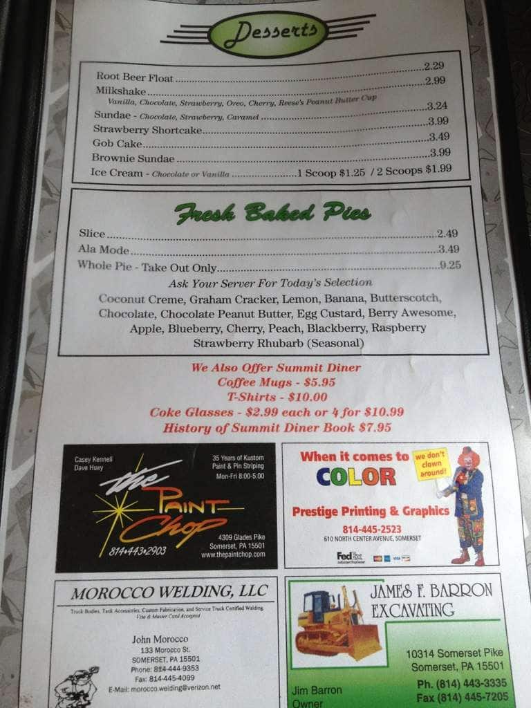 Menu at Summit Diner restaurant, Somerset