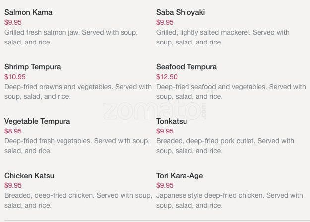 Menu at Seven Seas Sushi restaurant, San Jose
