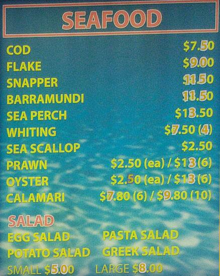 Menu at Hamilton Seafood fast food, Ascot, 62 Nudgee Rd.
