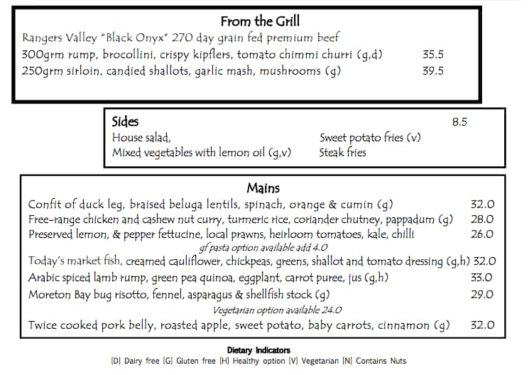 Menu at Mercure Restaurant, Gold Coast