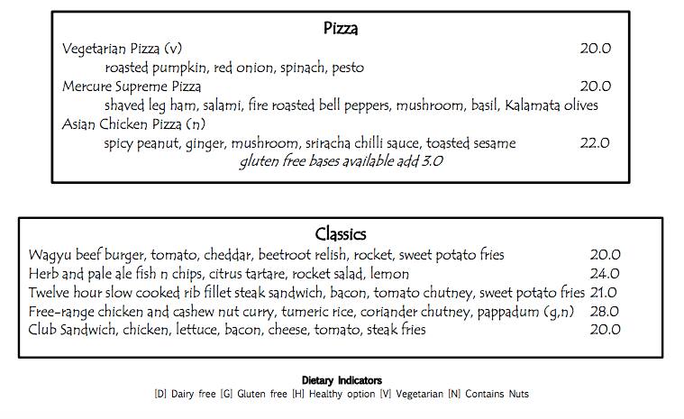 Menu at Mercure Restaurant, Gold Coast