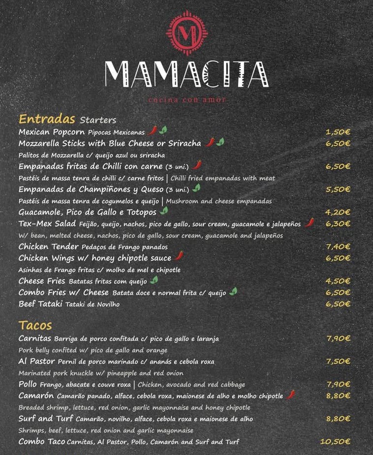 Menu em Mamacita restaurante, Algés