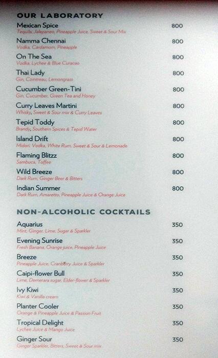 Menu at Colony, Chennai, 120 St Marys Road
