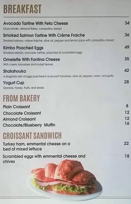 Menu of Kimbo Caffe, DIFC, Dubai