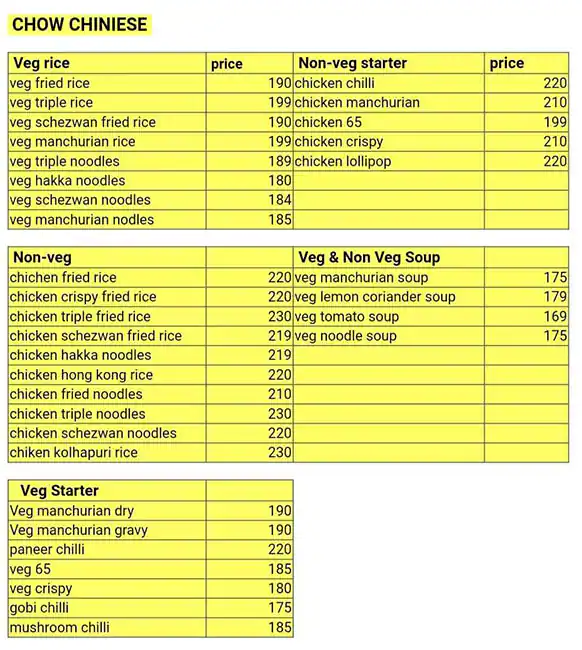 Menu of Chow Chinese, Dange Chowk, Pune