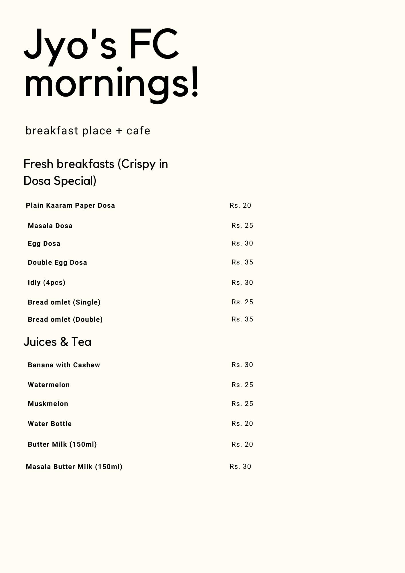 Menu of Jyo's Fc, Bachupally, Hyderabad