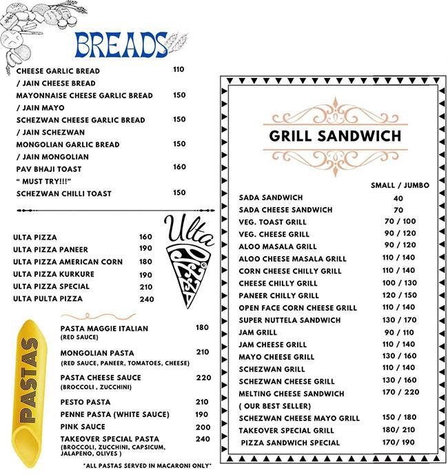 Menu of Takeover, Mira Road, Mumbai